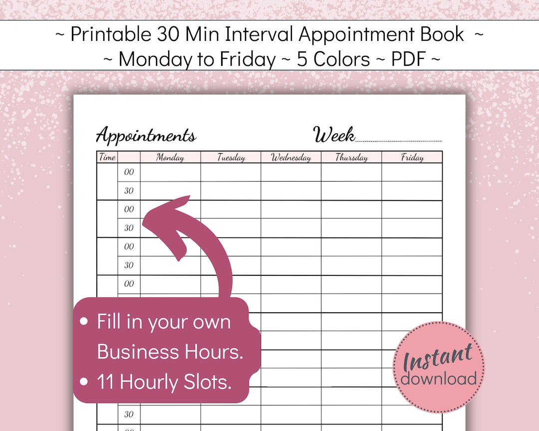 Printable Appointment Planner With 30 Minute Time Slots Monday to ...