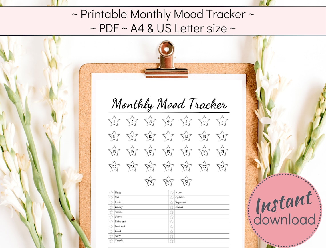 Monthly Mood Tracker Printable, Emotions Record, Wellness Journal, Self ...