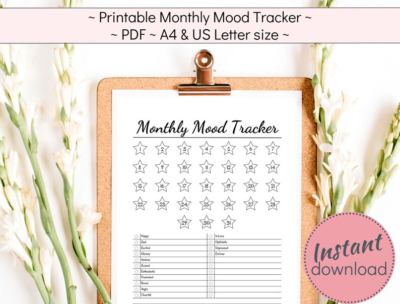 Monthly Mood Tracker Printable, Emotions Record, Wellness Journal, Self ...