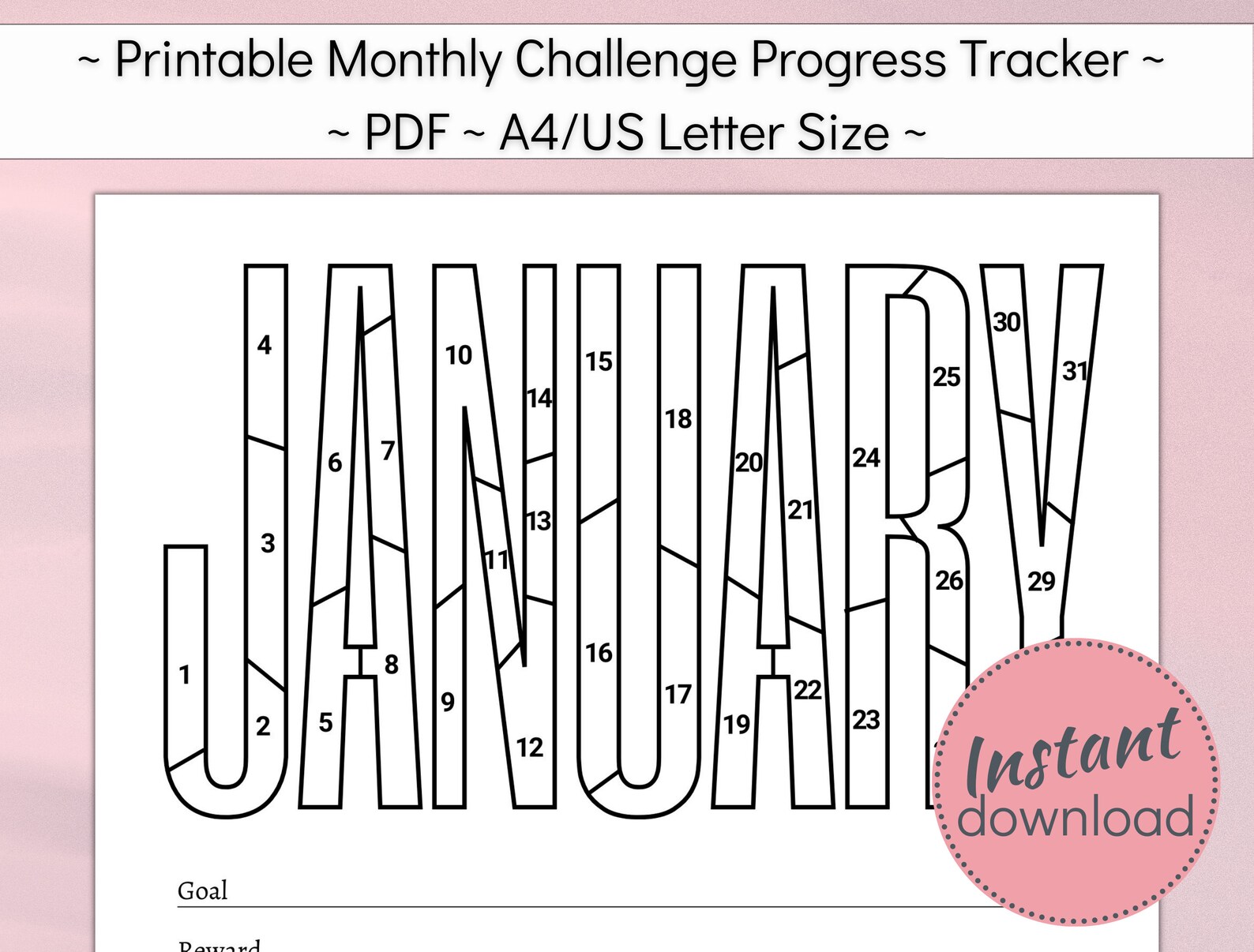 Printable Monthly Challenge Tracker for January, New Year 30 Day Goal ...