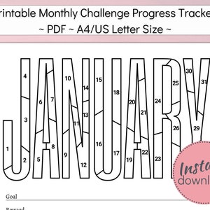 Printable Monthly Challenge Tracker for January, New Year 30 Day Goal ...