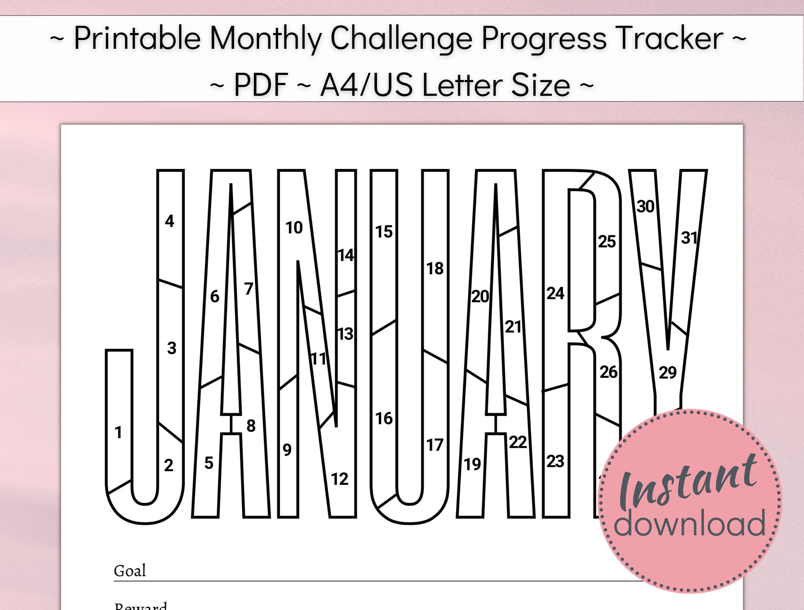 Printable Monthly Challenge Tracker for January, New Year 30 Day Goal ...