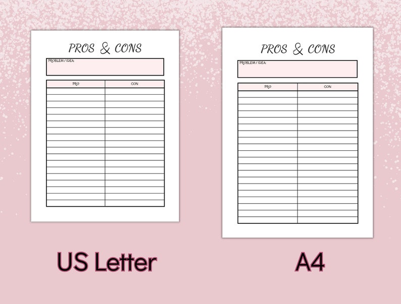 Pros and Cons List Printable, Decision Making Tool, Life Organizer ...