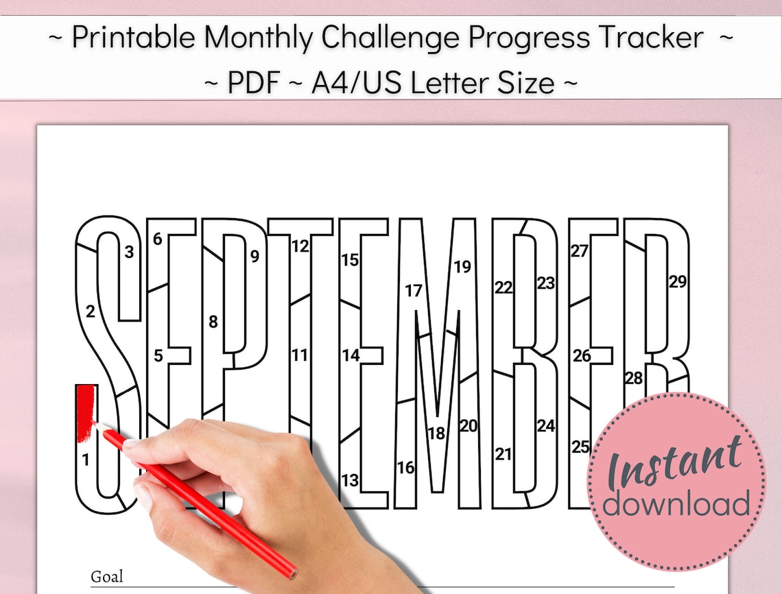 Printable September Challenge Tracker, 30 Day Goal Setting Coloring ...