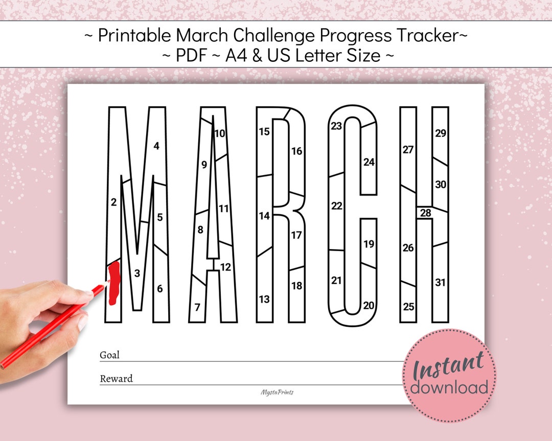 30 Day March Challenge Printable Habit Tracker Coloring Page, Goal ...