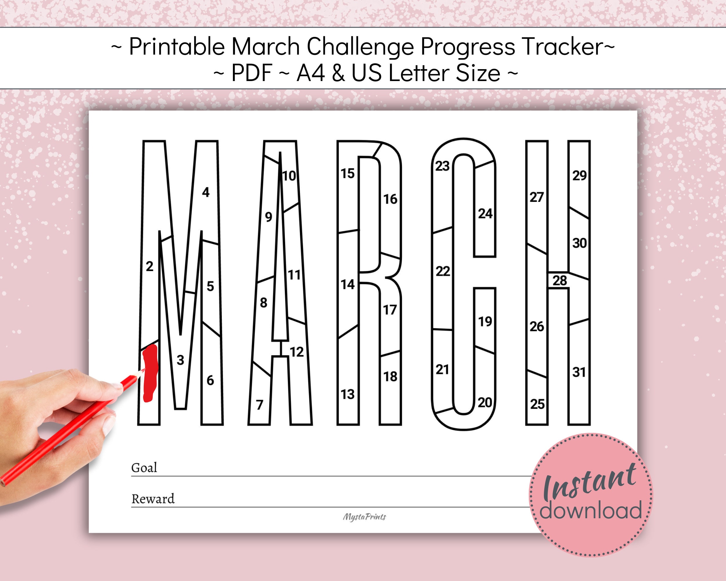 30 Day March Challenge Printable Habit Tracker Coloring Page, Goal ...