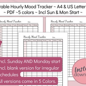 Simple Hourly Mood Tracker Printable, Weekly Emotions Record, Wellness ...