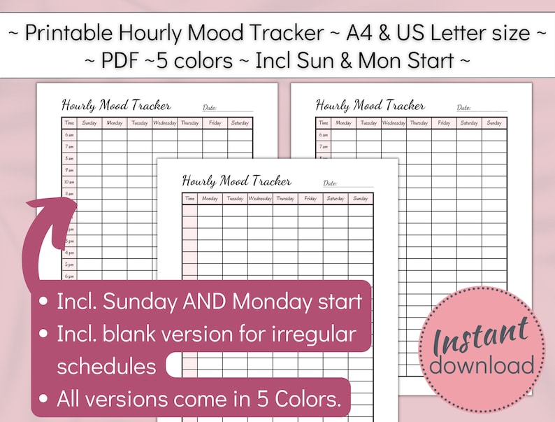 Simple Hourly Mood Tracker Printable, Weekly Emotions Record, Wellness ...