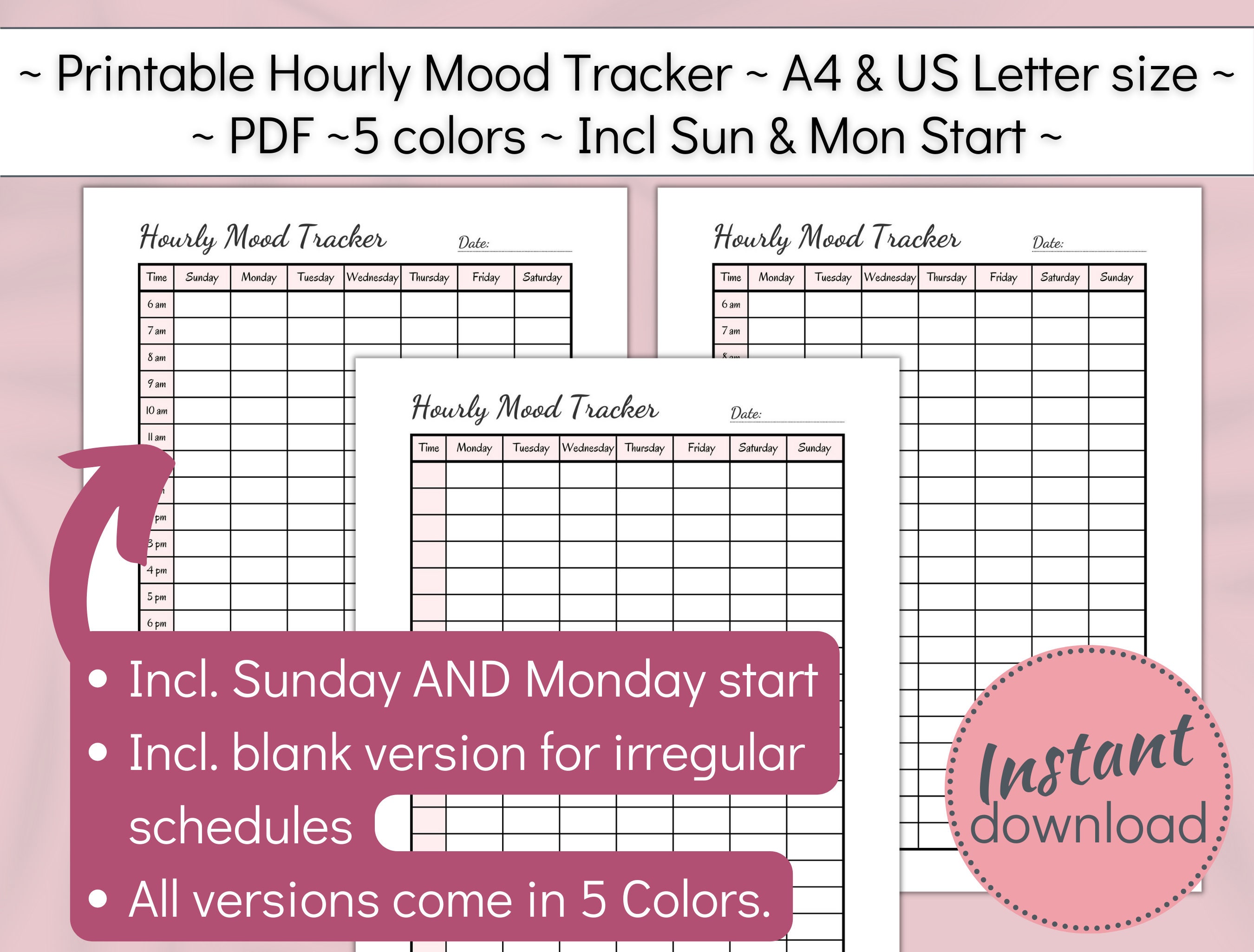 Simple Hourly Mood Tracker Printable, Weekly Emotions Record, Wellness ...