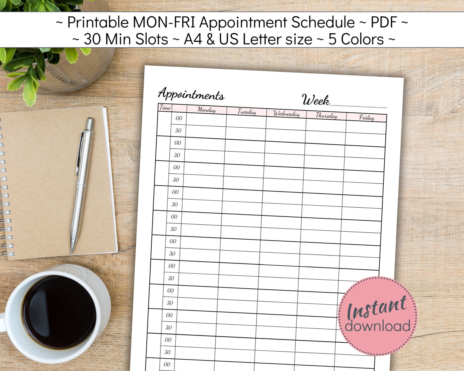 Printable Appointment Planner With 30 Minute Time Slots Monday to ...