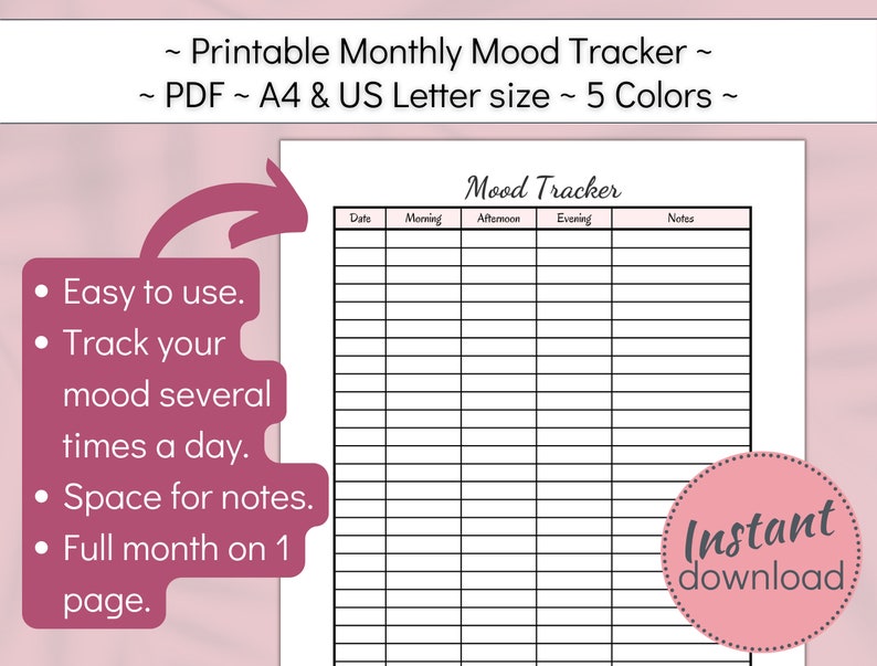 Simple Monthly Mood Tracker Printable, Daily Emotions Record, Wellness ...