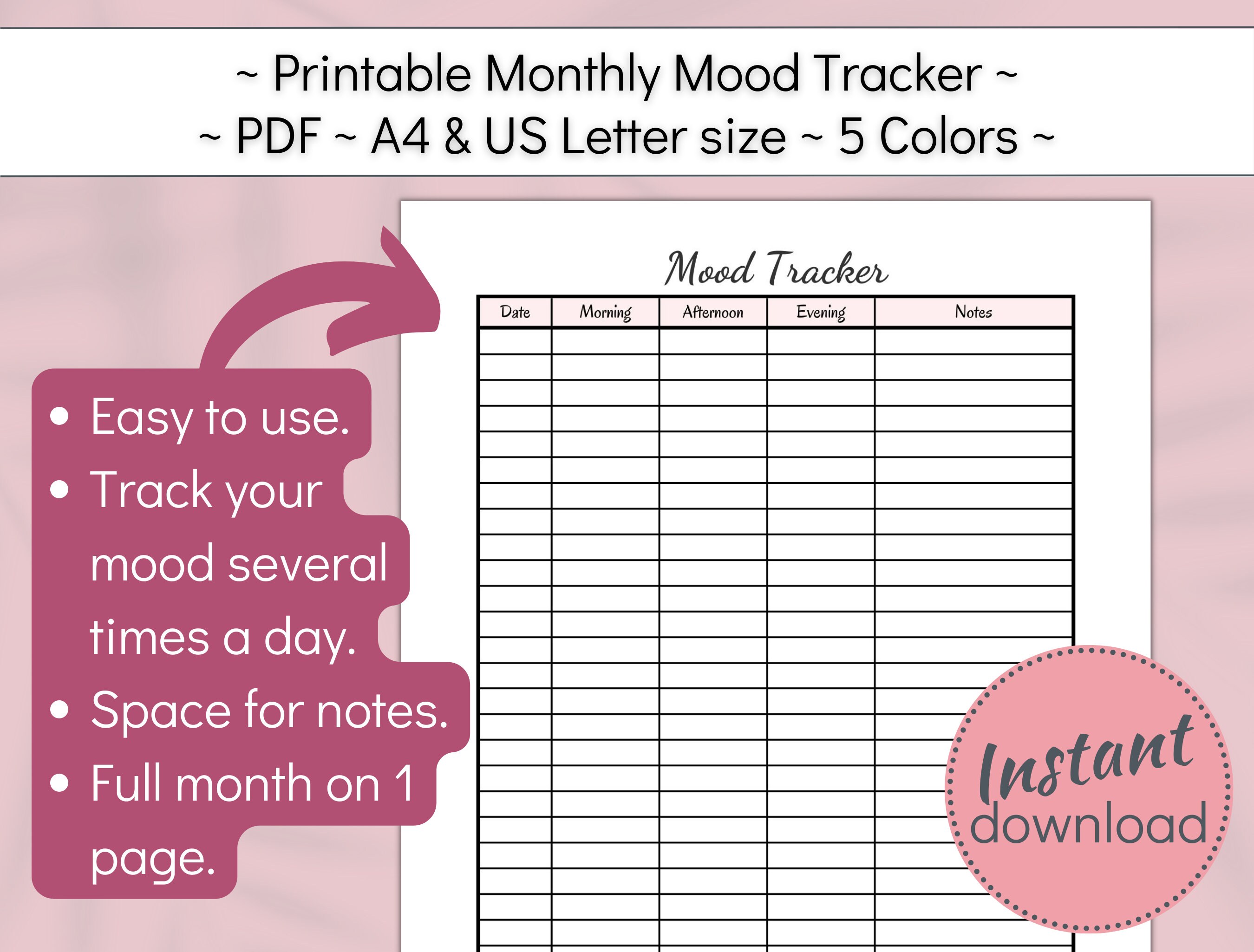 Simple Monthly Mood Tracker Printable, Daily Emotions Record, Wellness ...