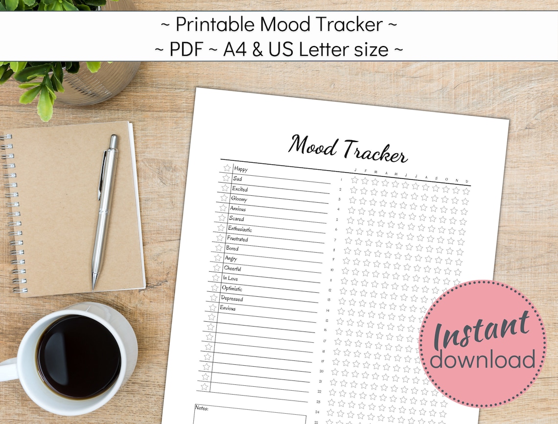 Daily Mood Tracker Printable, Emotions Record, Wellness Journal, Self ...