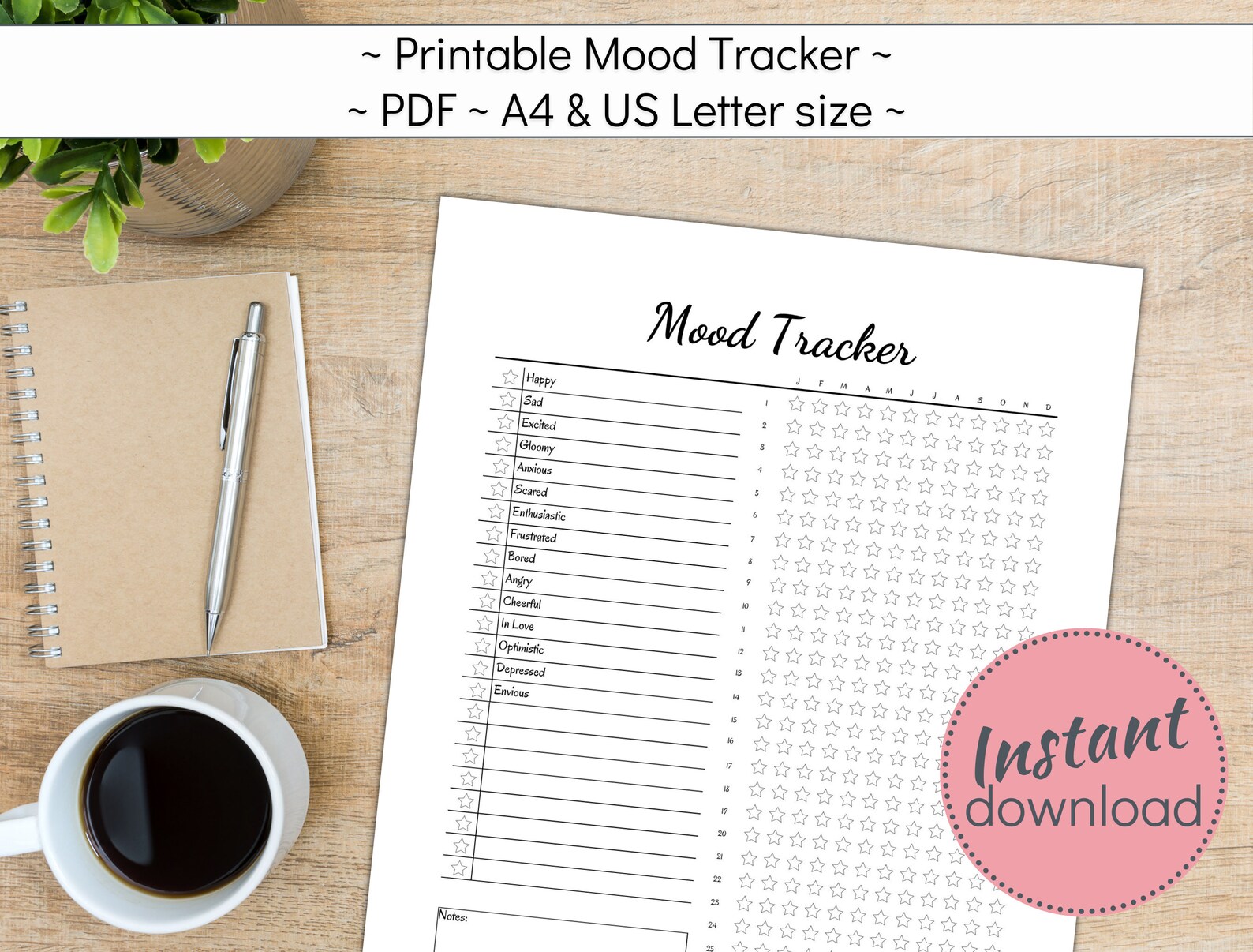 Daily Mood Tracker Printable, Emotions Record, Wellness Journal, Self ...