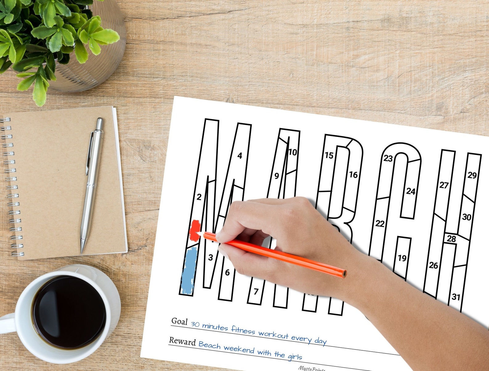30 Day March Challenge Printable Habit Tracker Coloring Page, Goal ...