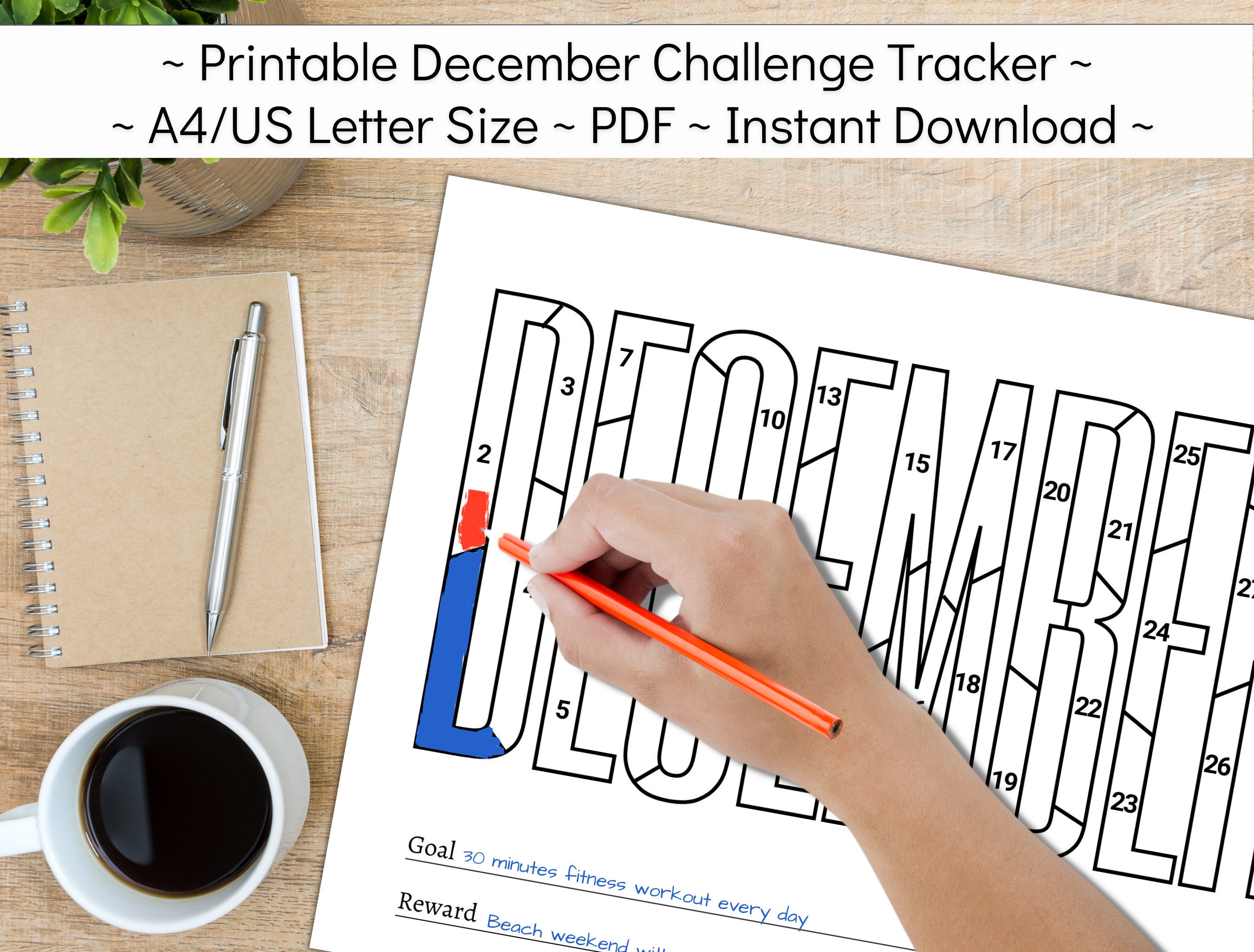 Printable December Challenge Tracker, 30 Day Goal Setting Coloring Page ...