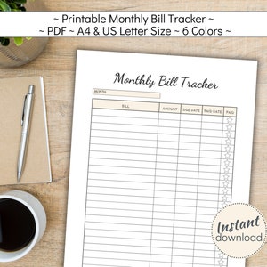Monthly Bill Tracker Printable, Utility Bill Payment Checklist ...