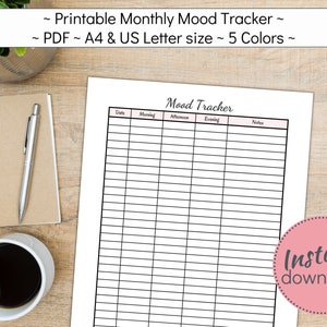 Simple Monthly Mood Tracker Printable, Daily Emotions Record, Wellness ...