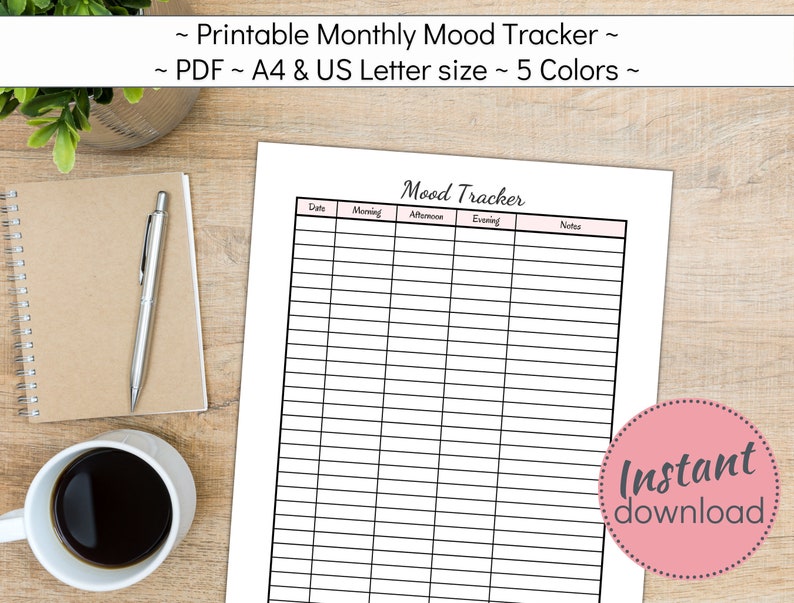 Simple Monthly Mood Tracker Printable, Daily Emotions Record, Wellness ...