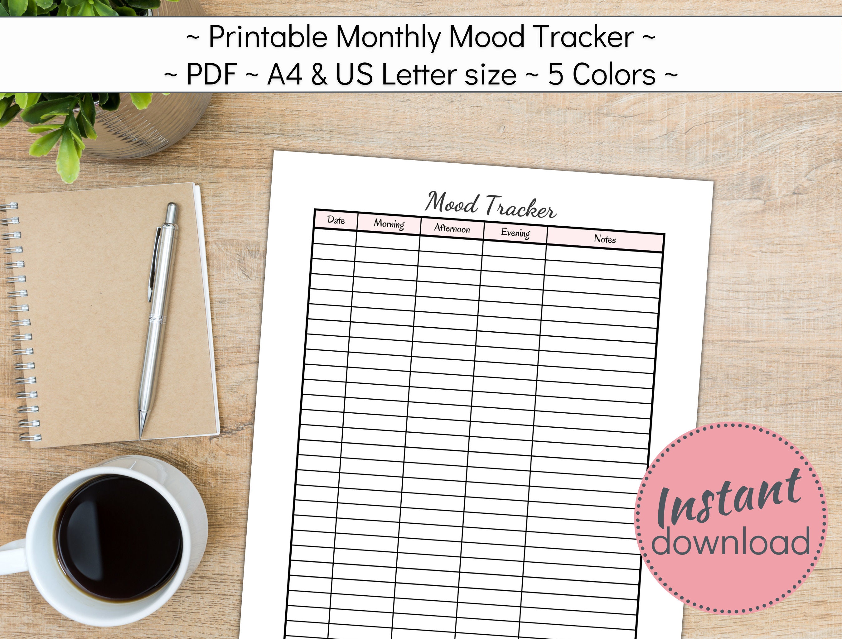 Simple Monthly Mood Tracker Printable, Daily Emotions Record, Wellness ...