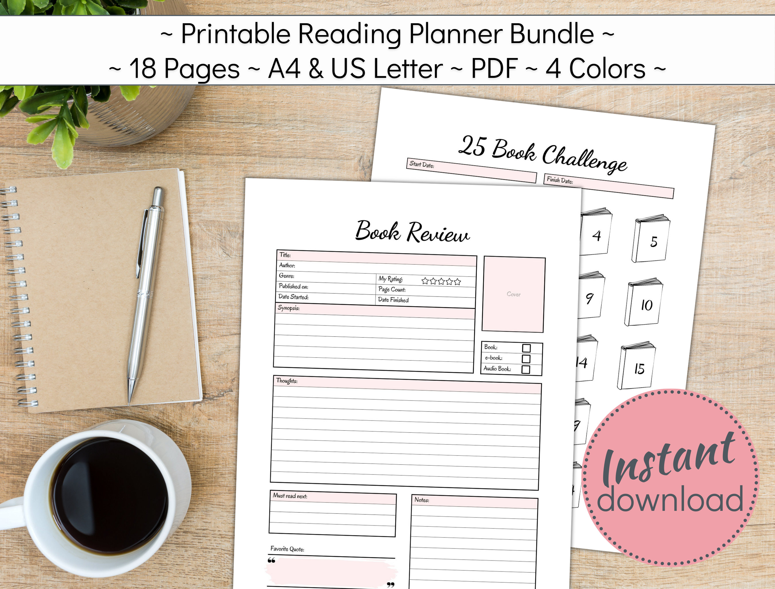 Book Review Journal Printable Bundle, Book Lover Reading Log, Challenge ...