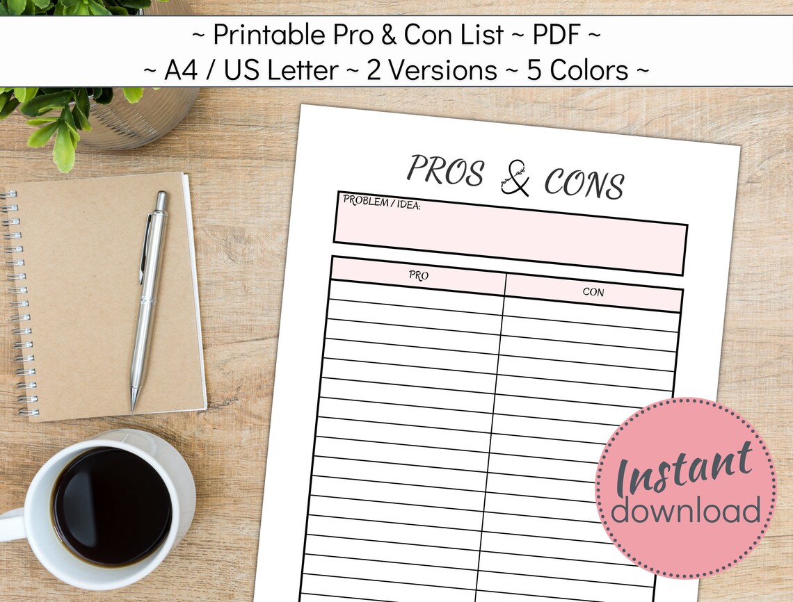 Pros and Cons List Printable: Decision Making Tool (A4, US Letter PDF ...