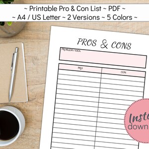 Pros and Cons List Printable, Decision Making Tool, Life Organizer ...