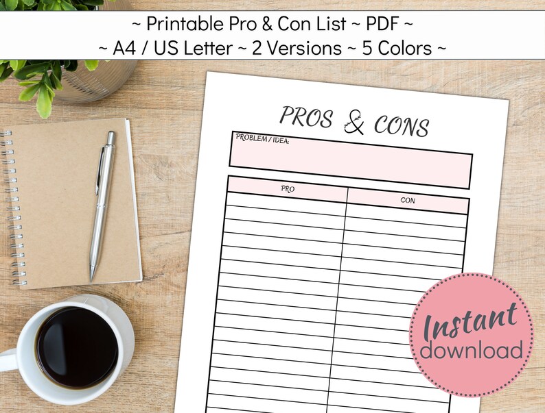Pros and Cons List Printable, Decision Making Tool, Life Organizer ...