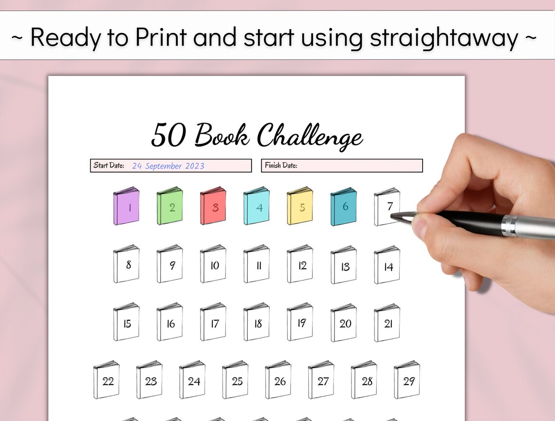 50 Book Challenge Tracker Printable, Booklover Reading Goals, Book ...