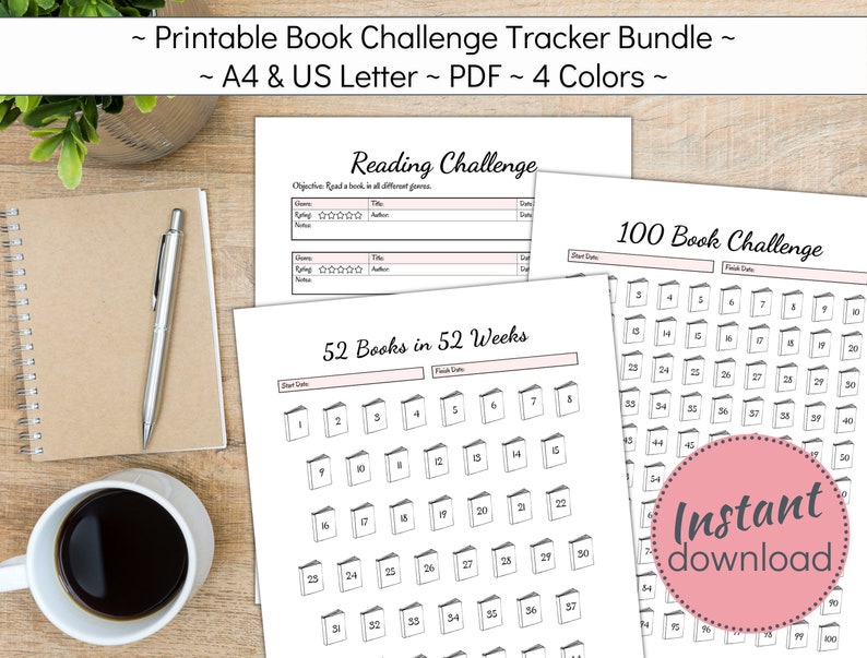 Book Challenge Tracker Printable Bundle, Booklover Reading Log, 10 25 ...