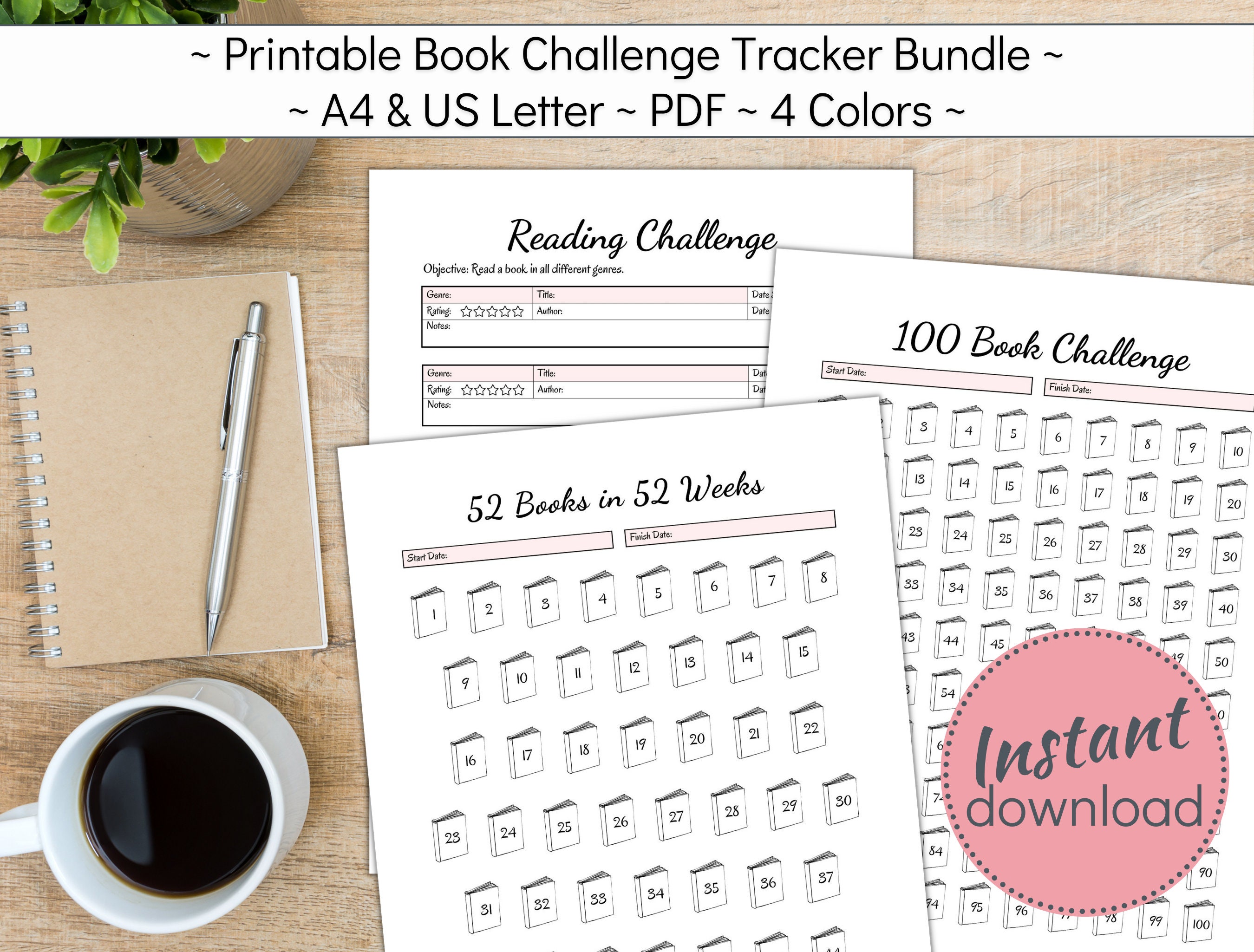 Book Challenge Tracker Printable Bundle, Booklover Reading Log, 10 25 ...