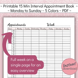 Printable Appointment Book With 15 Minute Time Slots, Weekly Client ...