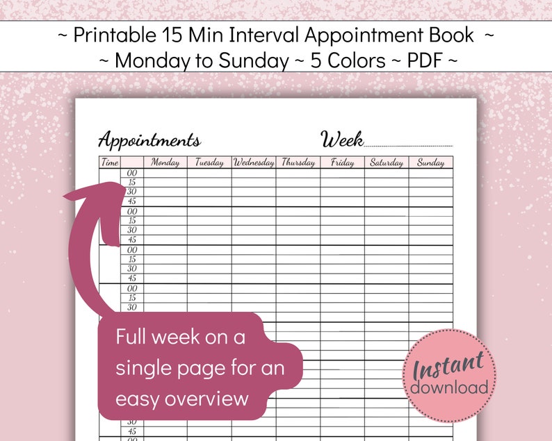 Printable Appointment Book With 15 Minute Time Slots, Weekly Client ...