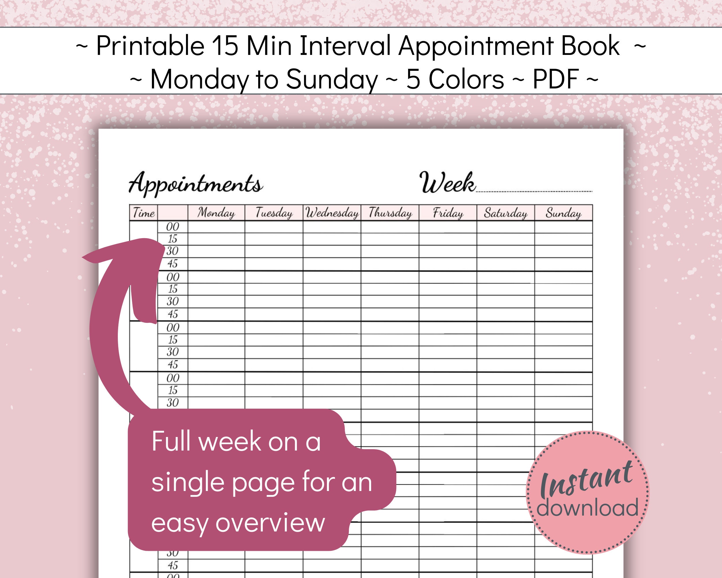 Printable Appointment Book With 15 Minute Time Slots, Weekly Client ...