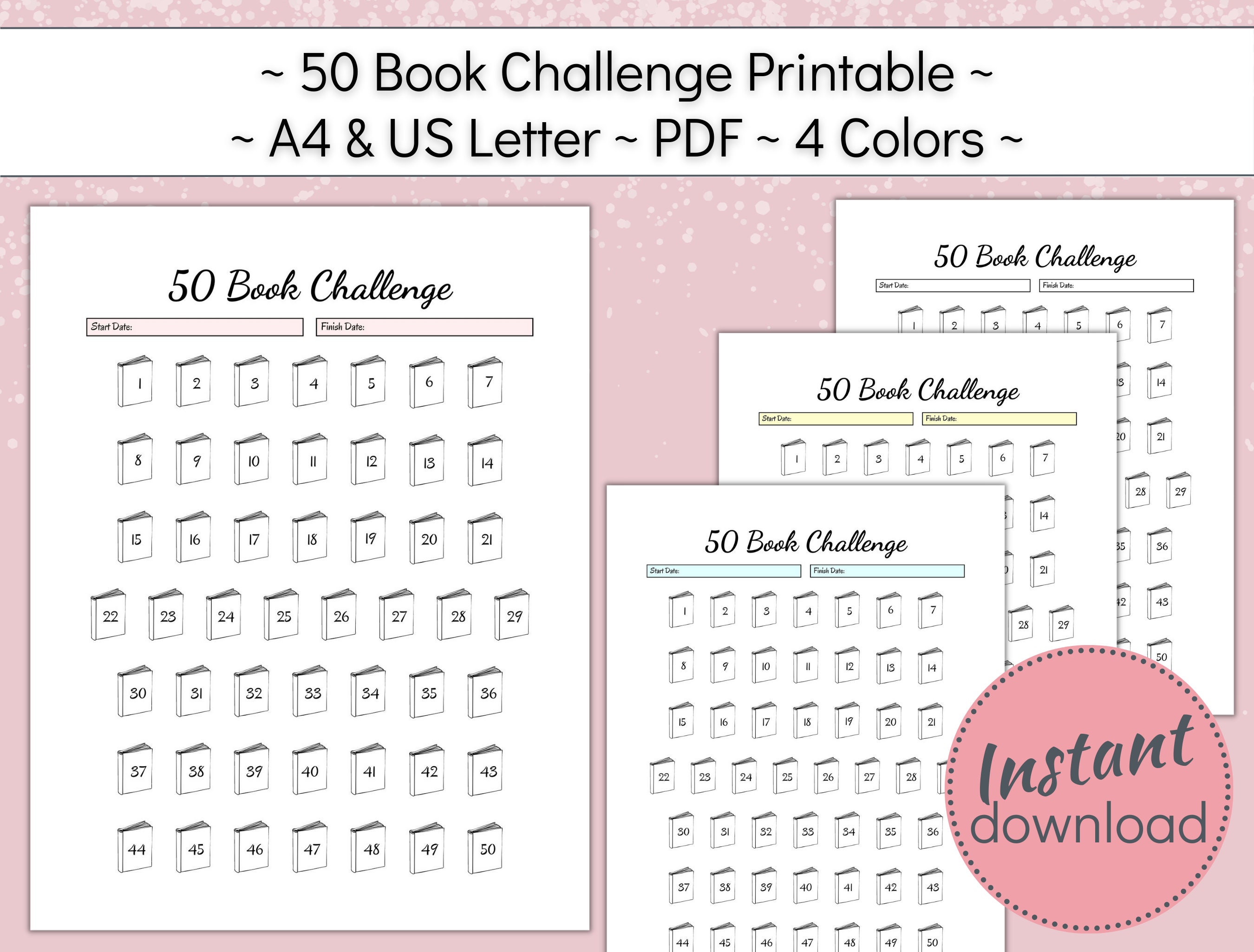 50 Book Challenge Tracker Printable, Booklover Reading Goals, Book ...