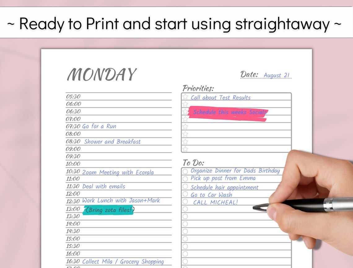 7 Day Printable Daily Planner With 30-minute Intervals Monday - Etsy