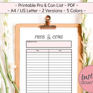Pros and Cons List Printable, Decision Making Tool, Life Organizer ...