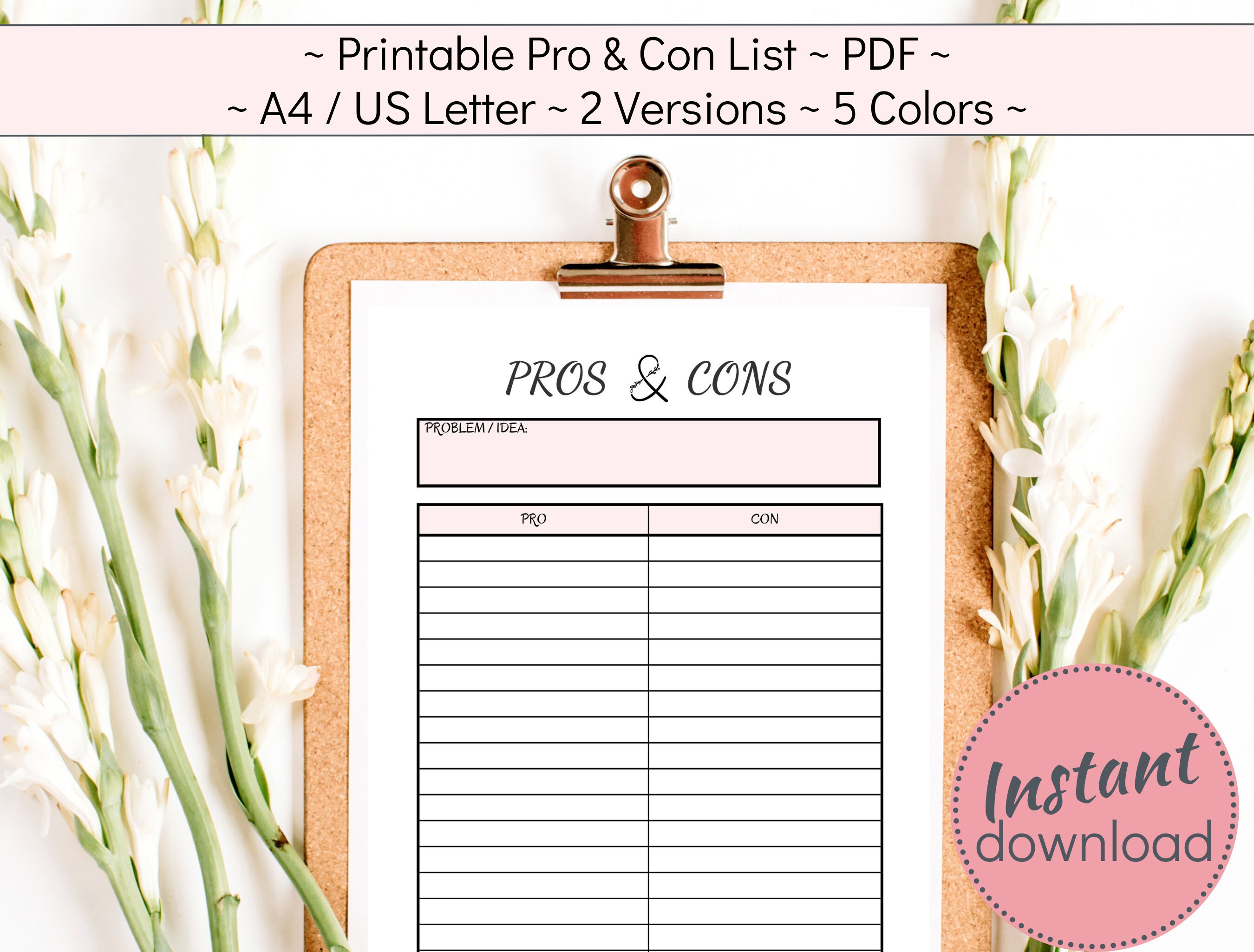 Pros and Cons List Printable, Decision Making Tool, Life Organizer ...