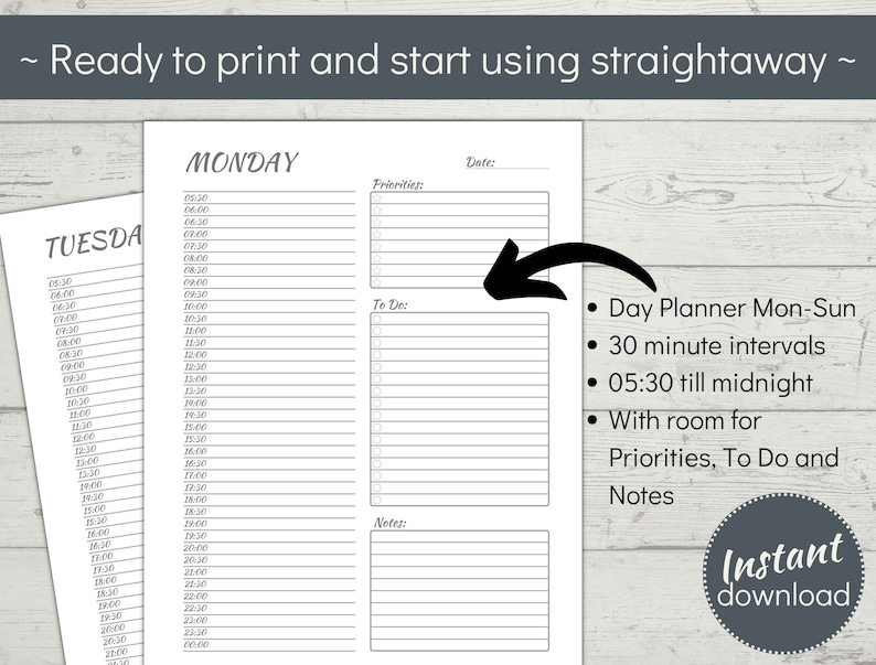 7 Day Printable Daily Planner With 30-minute Intervals Monday - Etsy