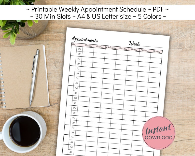 Printable Appointment Book With 30 Minute Time Slots, Weekly Client ...