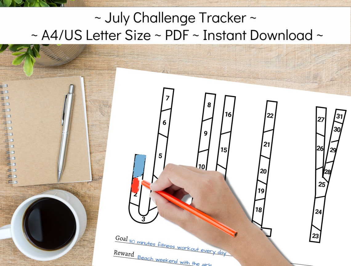 30 Day July Challenge Progress Tracker Printable, Summer Goal Setting ...