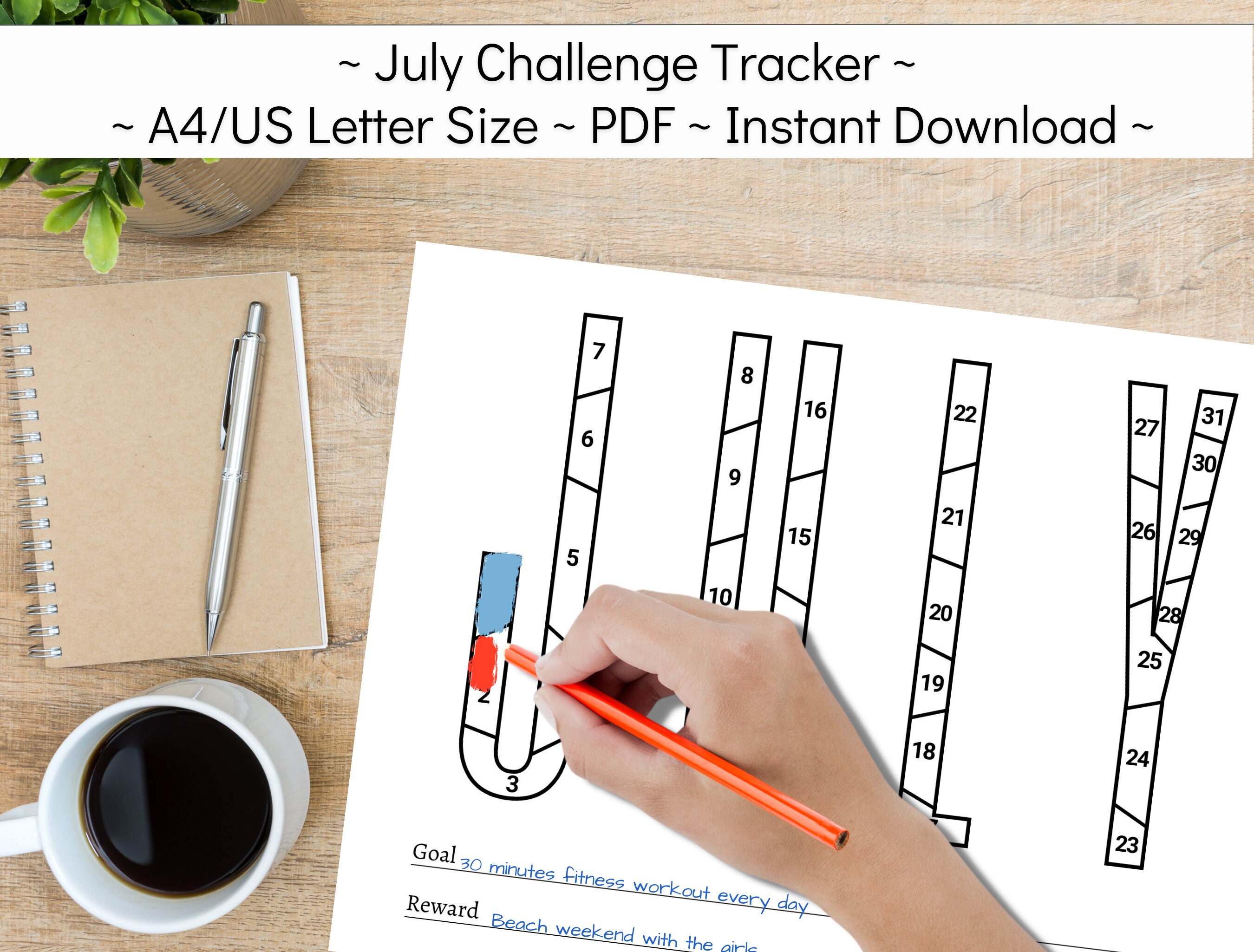 30 Day July Challenge Progress Tracker Printable, Summer Goal Setting ...