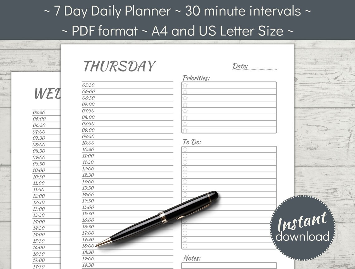 7 Day Printable Daily Planner With 30-minute Intervals Monday - Etsy