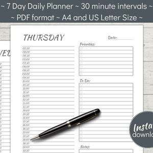 7 Day Printable Daily Planner With 30-minute Intervals Monday - Etsy