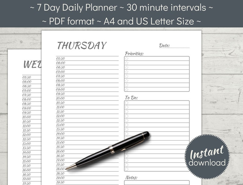7 Day Printable Daily Planner With 30-minute Intervals Monday - Etsy