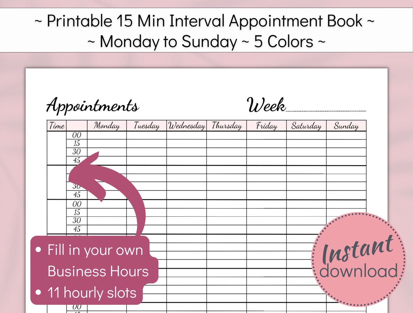Printable Appointment Book With 15 Minute Time Slots Weekly - Etsy