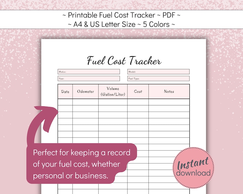 Fuel Cost Tracker Printable, Gas Price Log, Diesel Expense Logbook ...