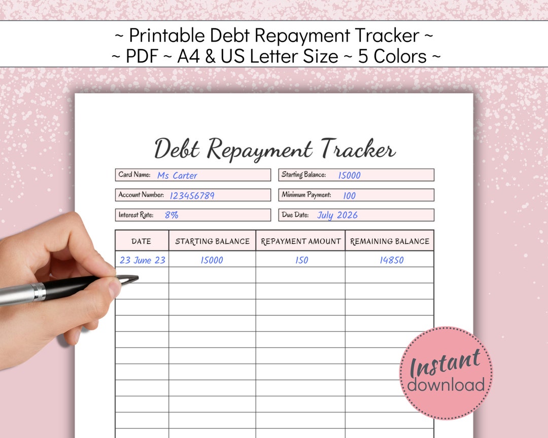 Printable Money Repayment Planner, Debt Payment Tracker in 5 Colors ...