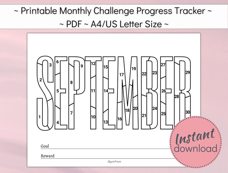 Printable September Challenge Tracker, 30 Day Goal Setting Coloring ...