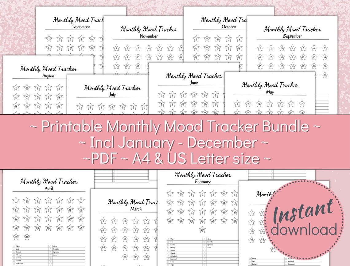 Mood Tracker Printable Bundle, Monthly Emotions Record, Wellness ...